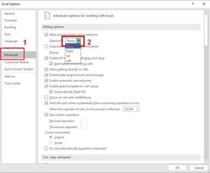 Change the direction of the Enter key in Excel 2019